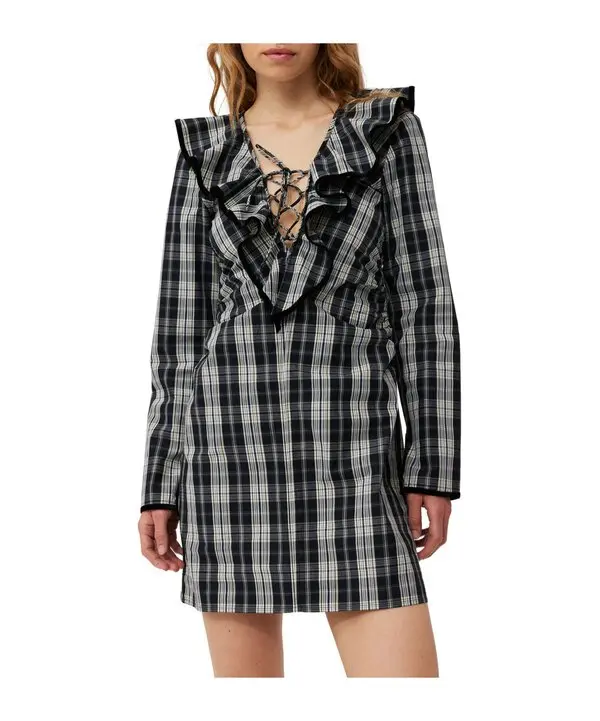 GANNI Checkered Cotton Ruffle V-neck Mini Dress