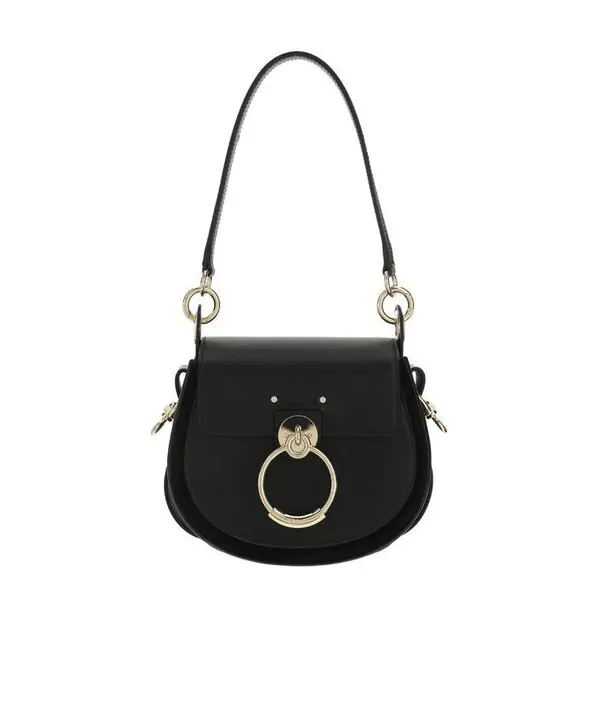 Chloé Tess Logo Embossed Ring Embellished Shoulder Bag - Black