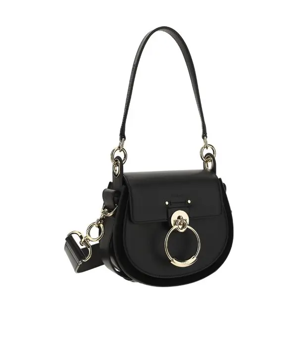 Chloé Tess Logo Embossed Ring Embellished Shoulder Bag - Black