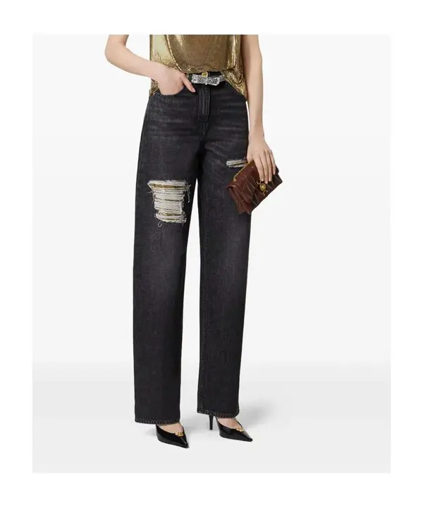 Versace Distressed Straight-leg Jeans With Embellishments