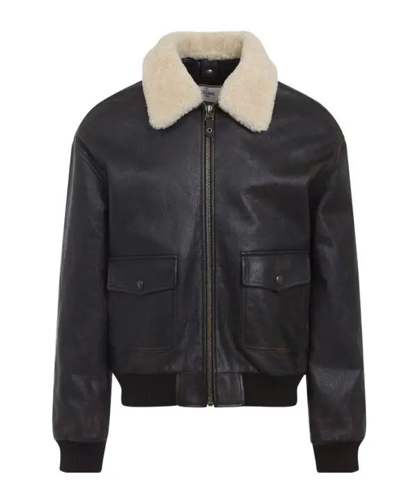 Celine Leather Bomber Jacket With Shearling Collar