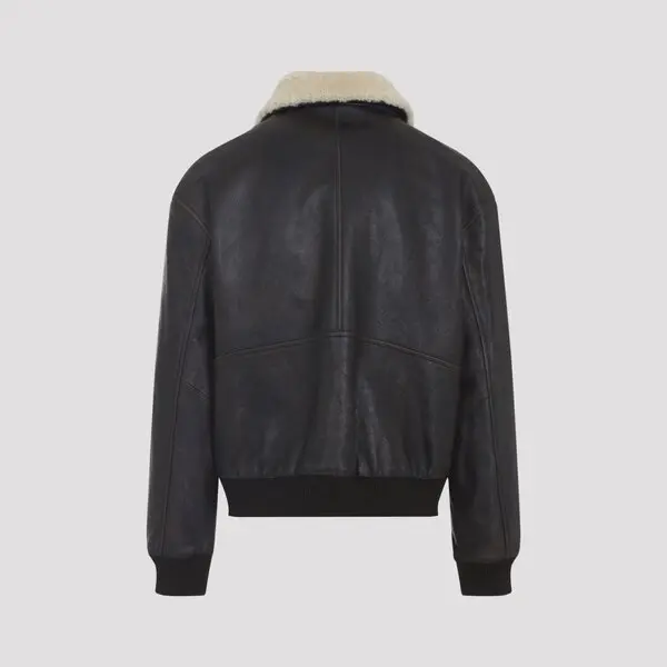 Celine Leather Bomber Jacket With Shearling Collar