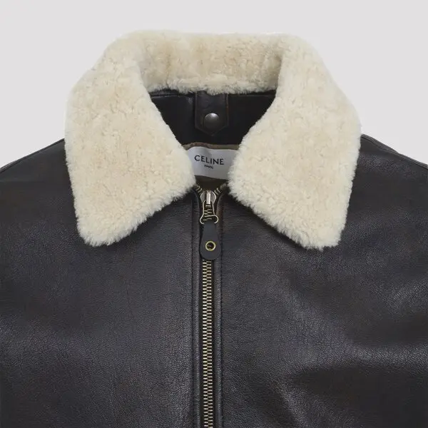 Celine Leather Bomber Jacket With Shearling Collar