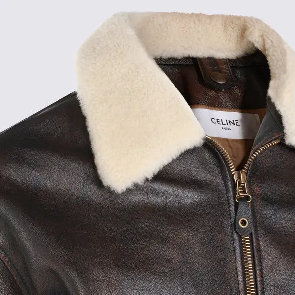Celine Leather Bomber Jacket With Shearling Collar