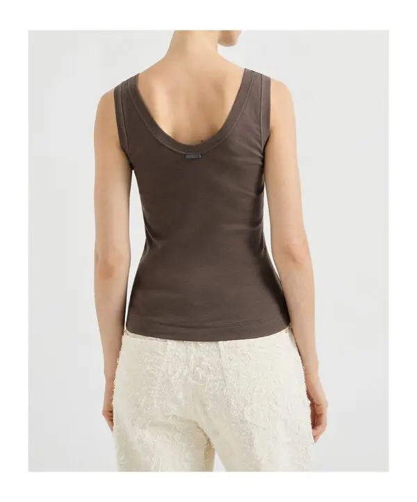 Brunello Cucinelli Ribbed Tank Top With Monili Embellishment - Brown