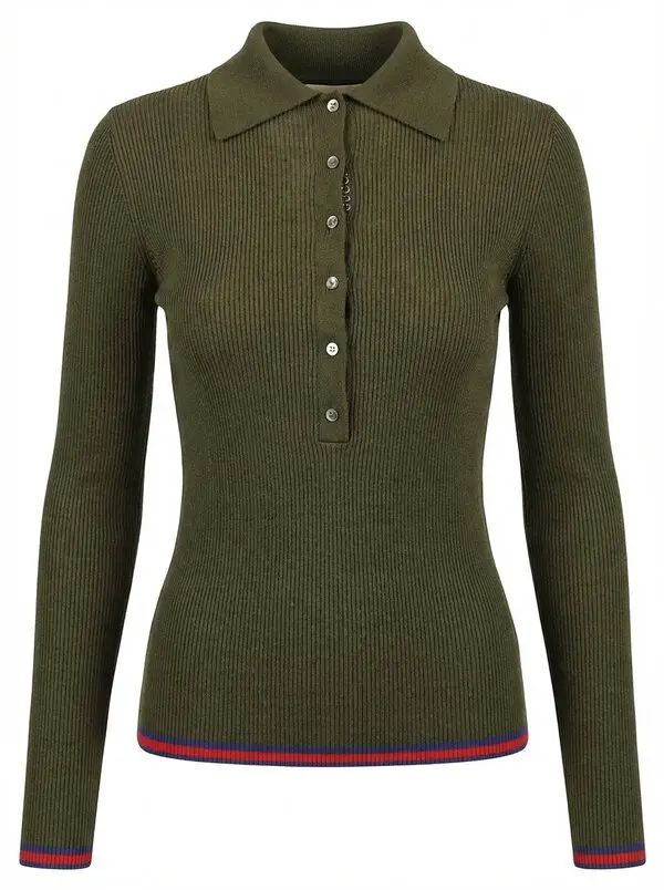Gucci Ribbed Knit Polo With Embroidery - Dark Green