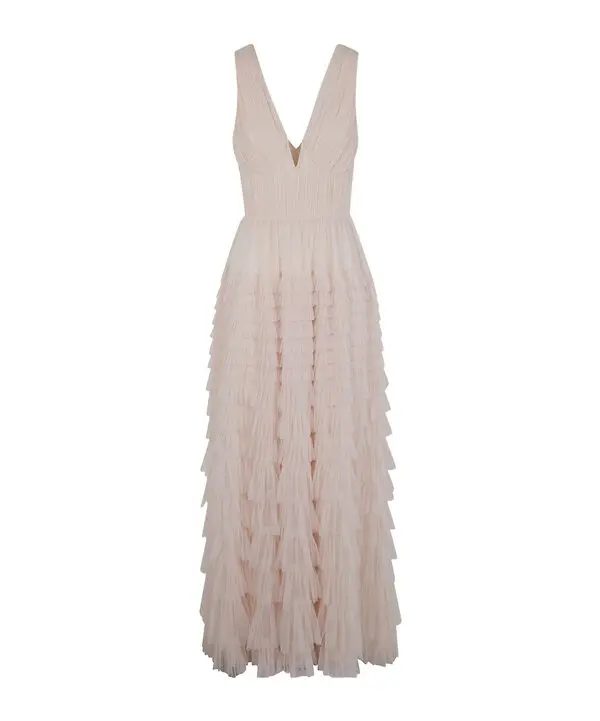 TWINSET Sleeveless V-neck Maxi Dress With Tiered Ruffles - Nude
