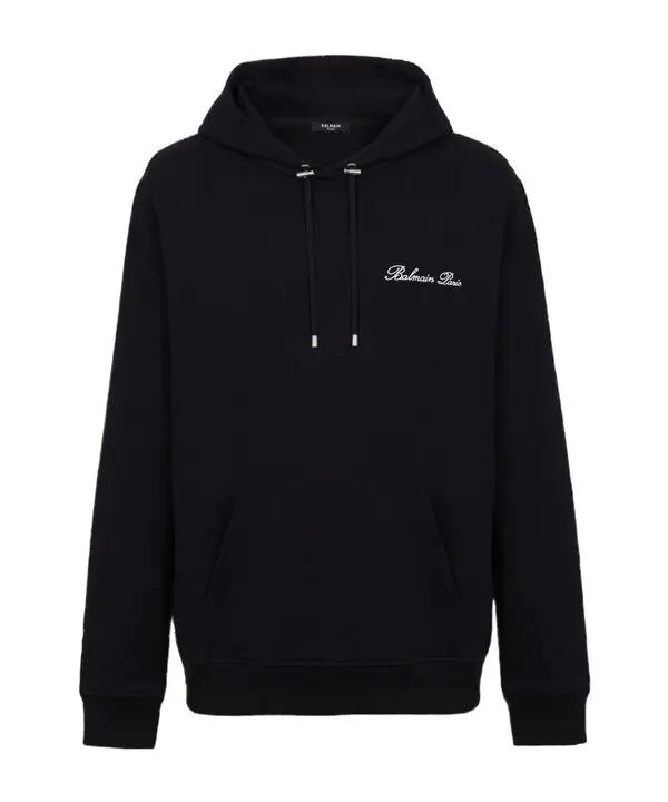 Balmain Logo Detailed Drawstring Hoodie - Black
