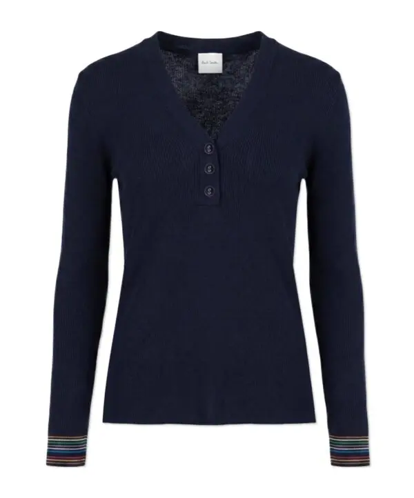 Paul Smith V-neck Long Sleeve Jumper With Rainbow Stripe Cuffs