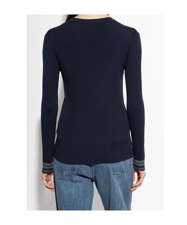 Paul Smith V-neck Long Sleeve Jumper With Rainbow Stripe Cuffs
