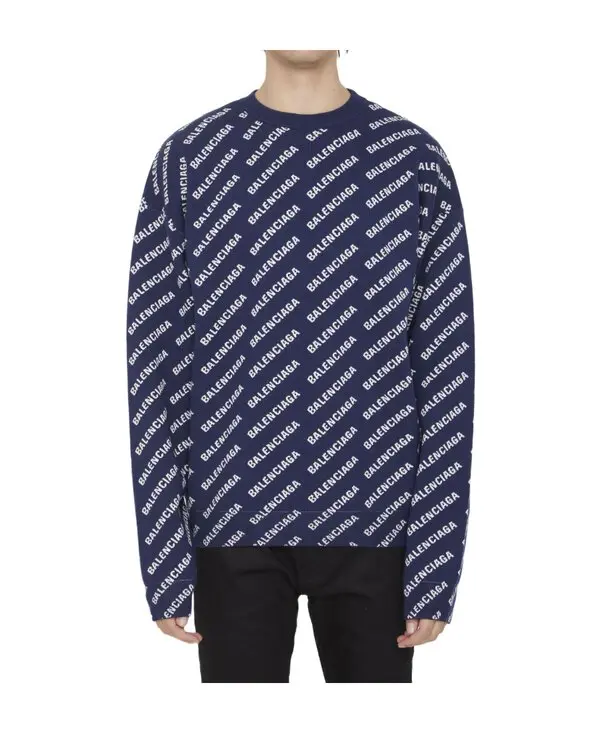 Balenciaga Allover Logo Crewneck Knit Jumper - Blue