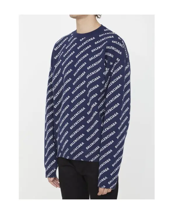 Balenciaga Allover Logo Crewneck Knit Jumper - Blue