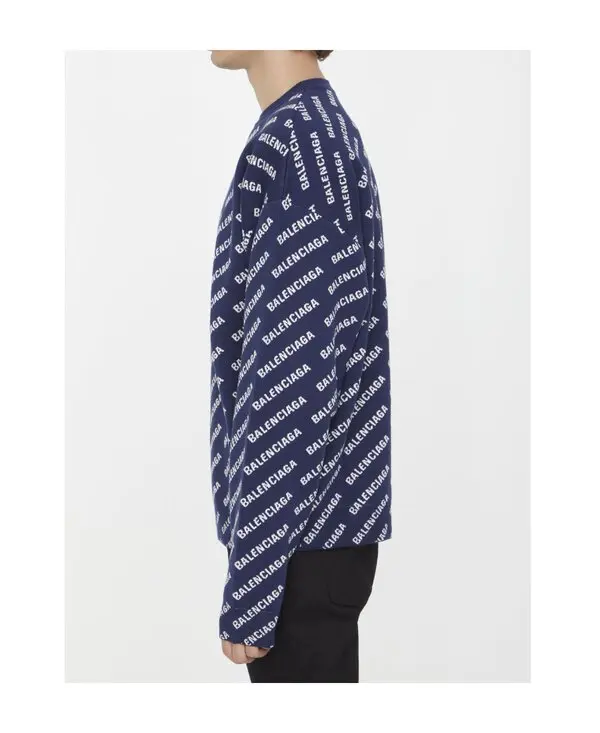 Balenciaga Allover Logo Crewneck Knit Jumper - Blue