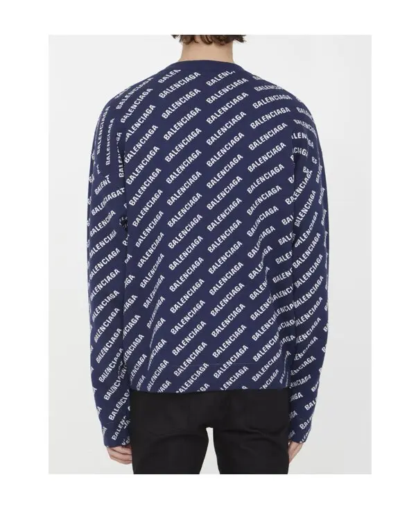 Balenciaga Allover Logo Crewneck Knit Jumper - Blue