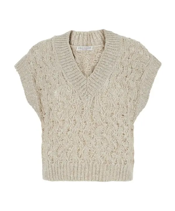 Brunello Cucinelli V-neck Cable Knit Vest - Nude