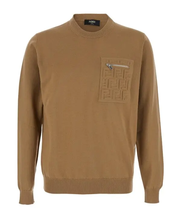 Fendi Crewneck Jumper With Ff Embossed Pocket - Brown