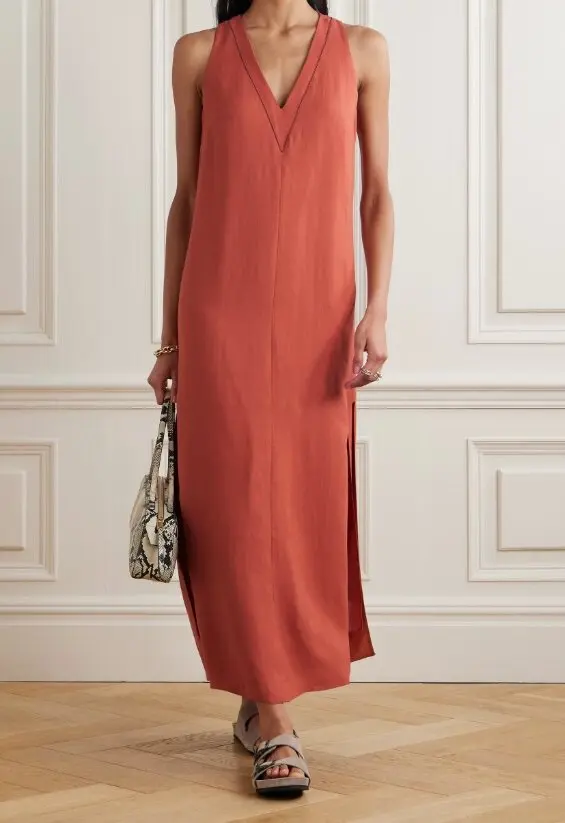 Brunello Cucinelli V-neck Sleeveless Maxi Dress With Slit Skirt