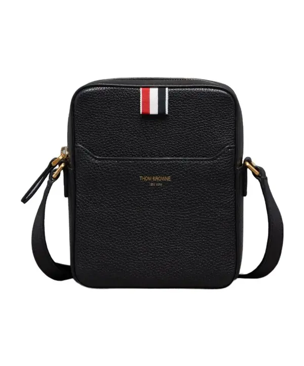 Thom Browne Camera Bag With Gold Foil Logo And Tricolor Stripe - Black