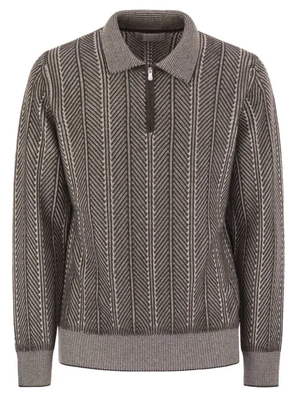 Brunello Cucinelli Herringbone Patterned Zip-up Polo Shirt