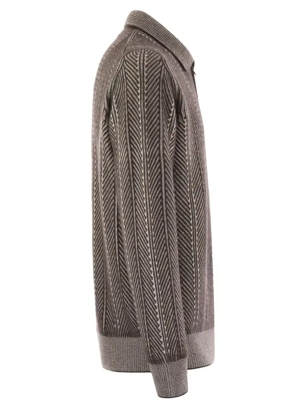 Brunello Cucinelli Herringbone Patterned Zip-up Polo Shirt