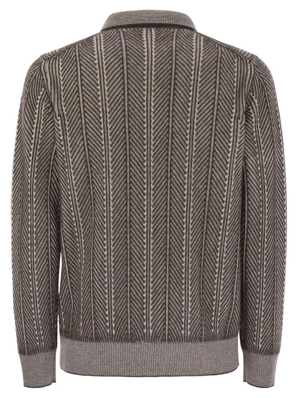 Brunello Cucinelli Herringbone Patterned Zip-up Polo Shirt