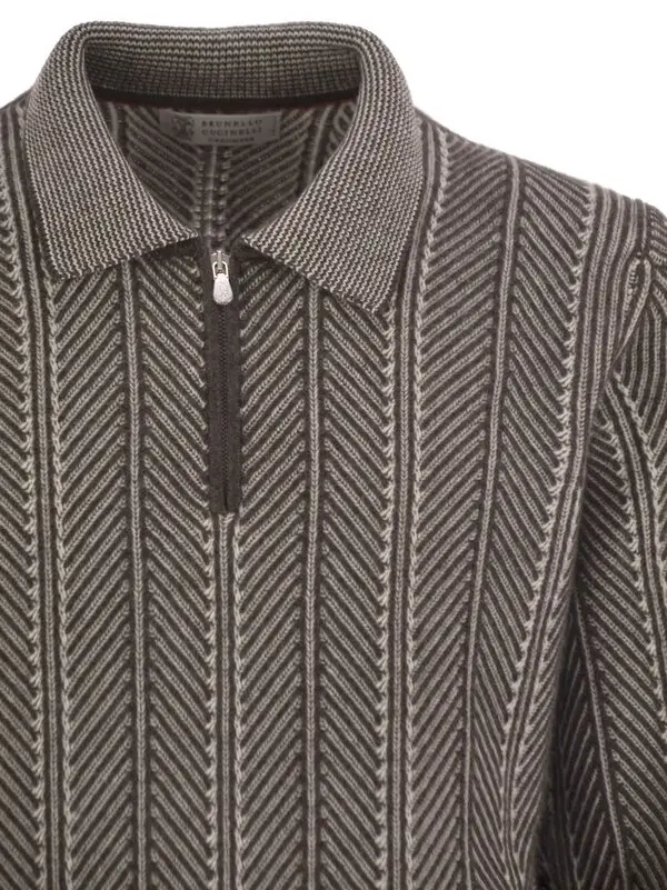 Brunello Cucinelli Herringbone Patterned Zip-up Polo Shirt