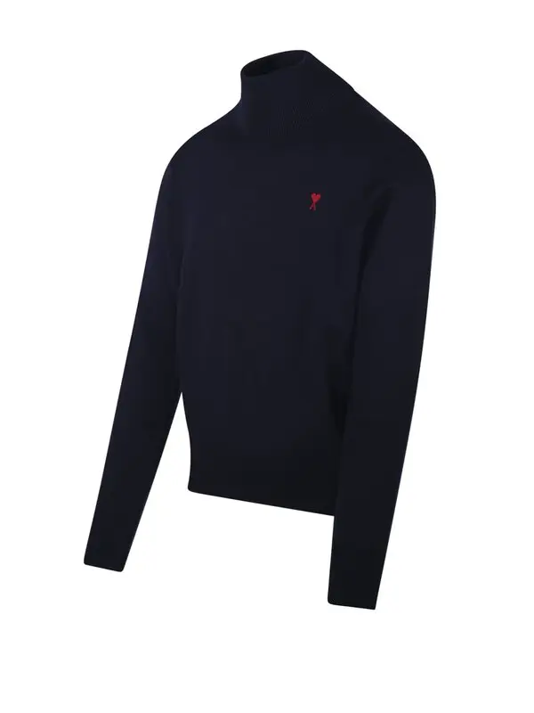 AMI Paris High-neck Embroidered Sweater - Navy Blue