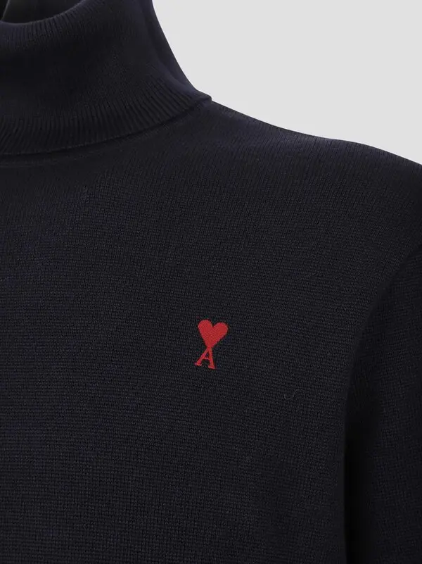 AMI Paris High-neck Embroidered Sweater - Navy Blue