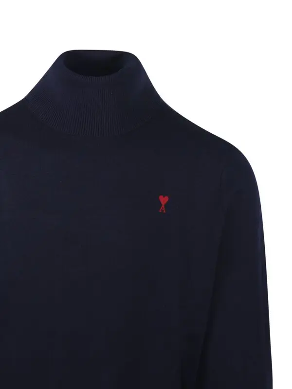 AMI Paris High-neck Embroidered Sweater - Navy Blue