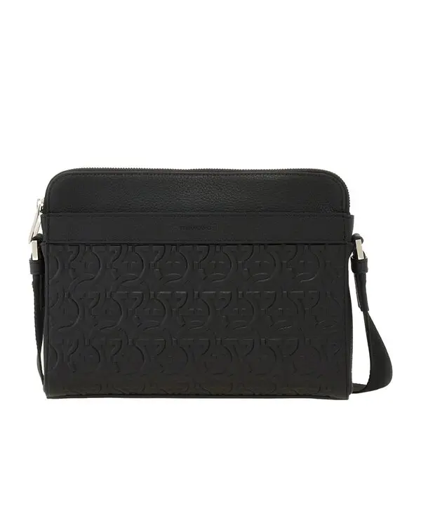FERRAGAMO Gancini Embossed Shoulder Bag - Black