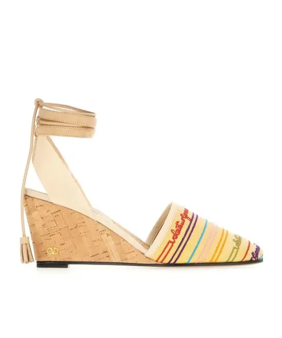 Valentino Garavani Striped Espadrille Wedge Sandals With Logo Detailing - Nude