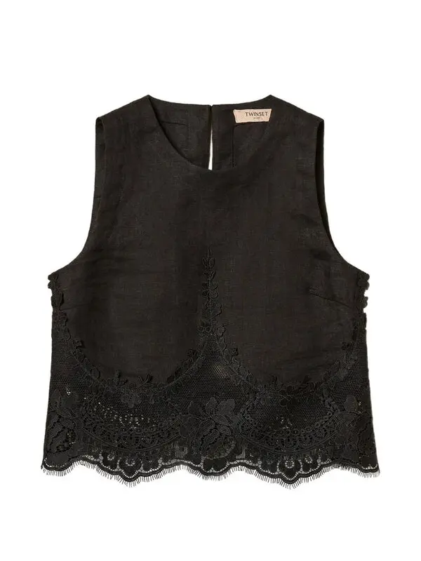 TWINSET Sleeveless Lace Trim Top - Black