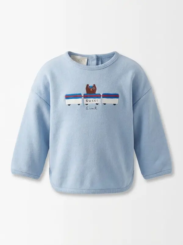 Gucci Cotton Sweatshirt With Train And Bear Print - Blue
