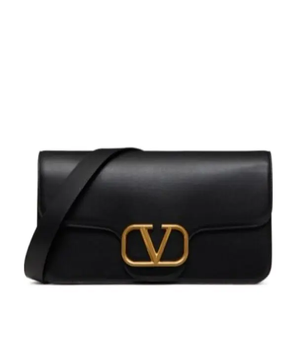 Valentino Garavani Logo Plaque Foldover Messenger Bag - Black