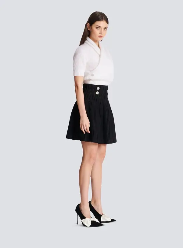 Balmain High-waist Pleated Skater Skirt With Horn-shaped Button Detail