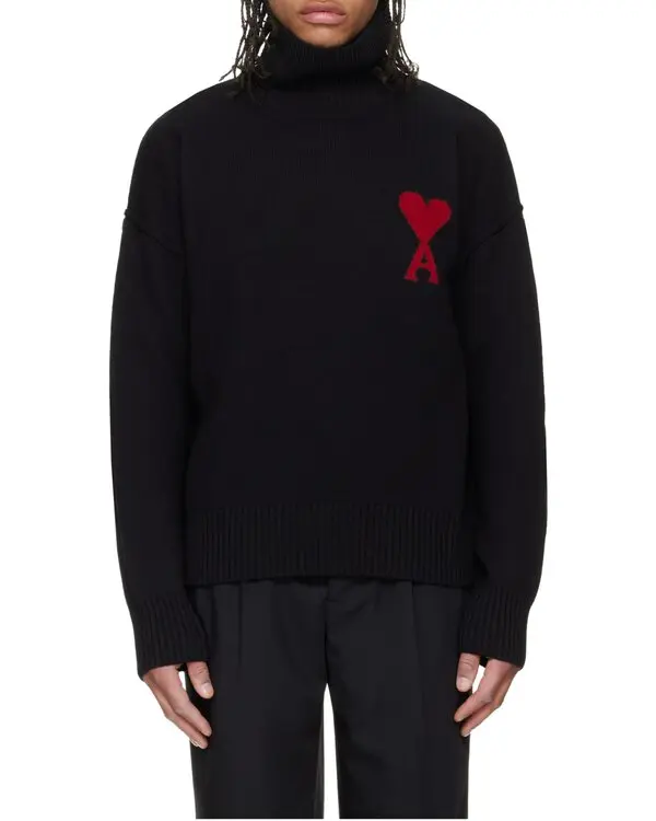 Ami Logo Turtle-neck Sweater - Black