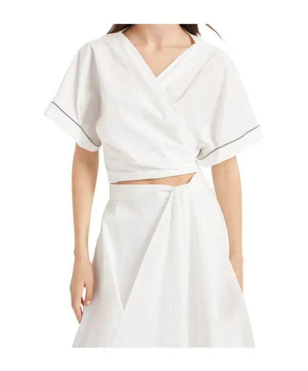 Brunello Cucinelli Kimono-style Poplin Top With Shiny Trim - White
