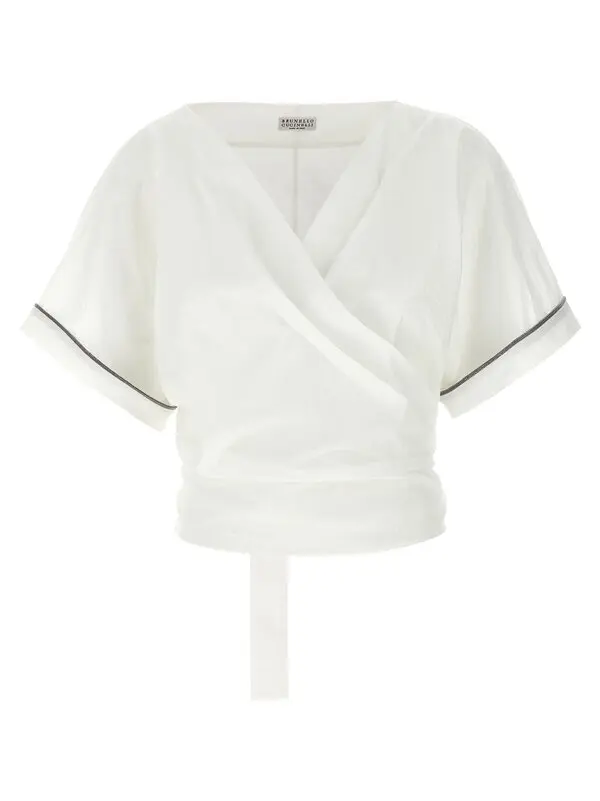 Brunello Cucinelli Kimono-style Poplin Top With Shiny Trim - White