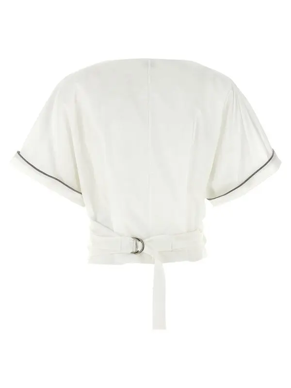 Brunello Cucinelli Kimono-style Poplin Top With Shiny Trim - White