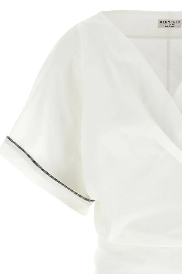 Brunello Cucinelli Kimono-style Poplin Top With Shiny Trim - White