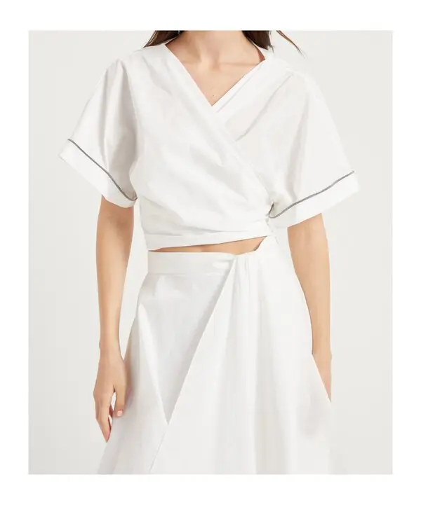 Brunello Cucinelli Kimono-style Poplin Top With Shiny Trim - White