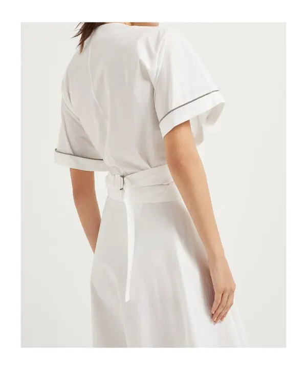 Brunello Cucinelli Kimono-style Poplin Top With Shiny Trim - White