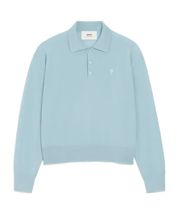 Ami Logo Embroidered Knitted Polo Shirt