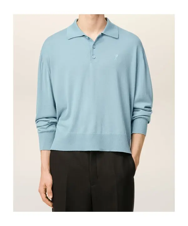 Ami Logo Embroidered Knitted Polo Shirt