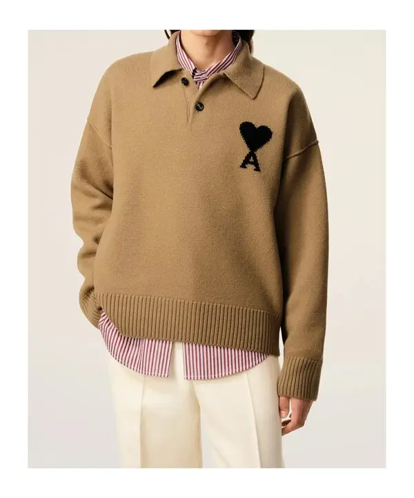 AMI Paris De Coeur Logo Intarsia Knit Jumper - Camel/black