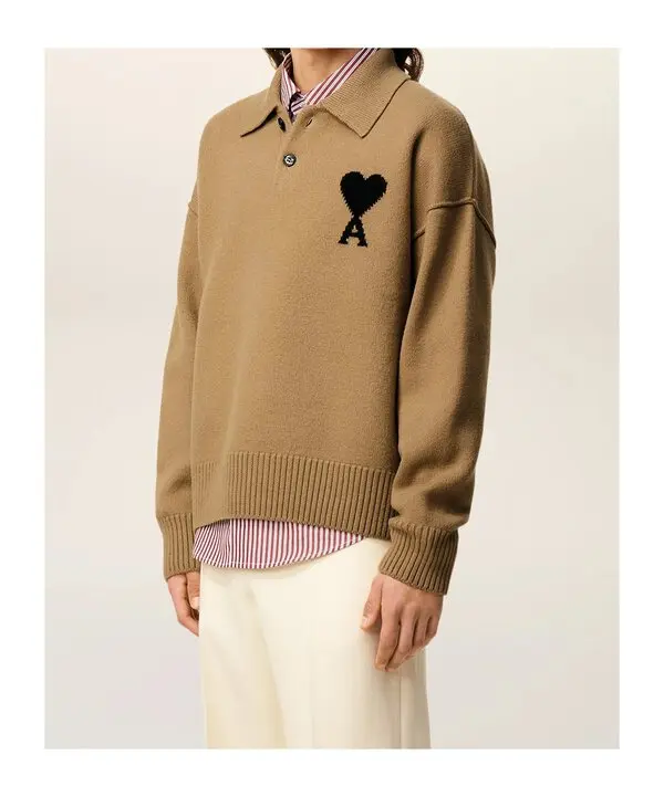 AMI Paris De Coeur Logo Intarsia Knit Jumper - Camel/black
