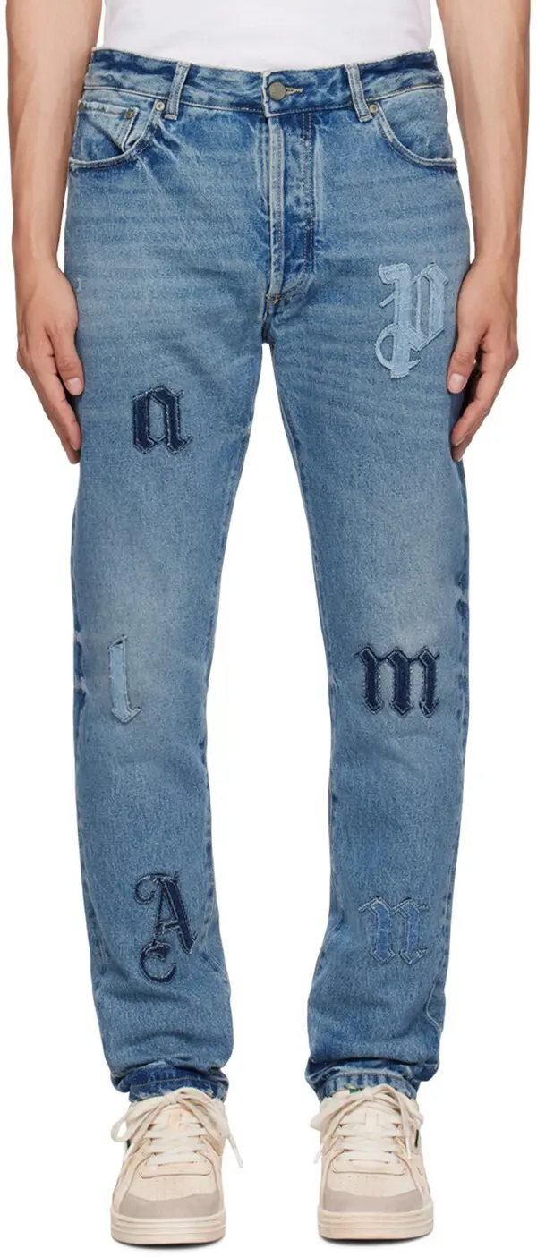 Palm Angels Logo Patch Straight-leg Jeans - Gray