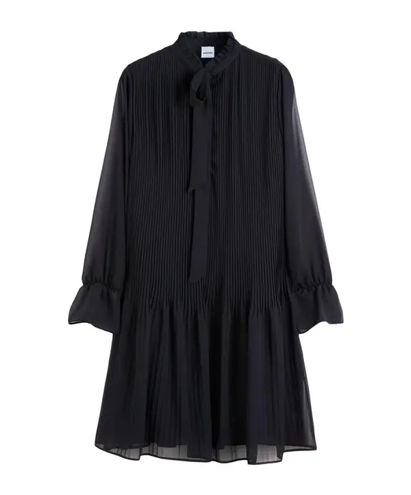 Aspesi Georgette Crepe Short Dress With Pleats And Tie Neck - Black
