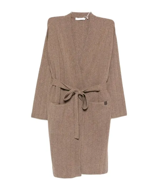Max Mara Ribbed Belted Cardigan With Lace-up Detail - Brown
