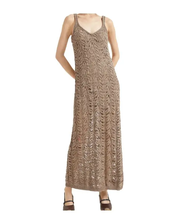 Brunello Cucinelli Sleeveless Lace-patterned Maxi Dress - Light Brown
